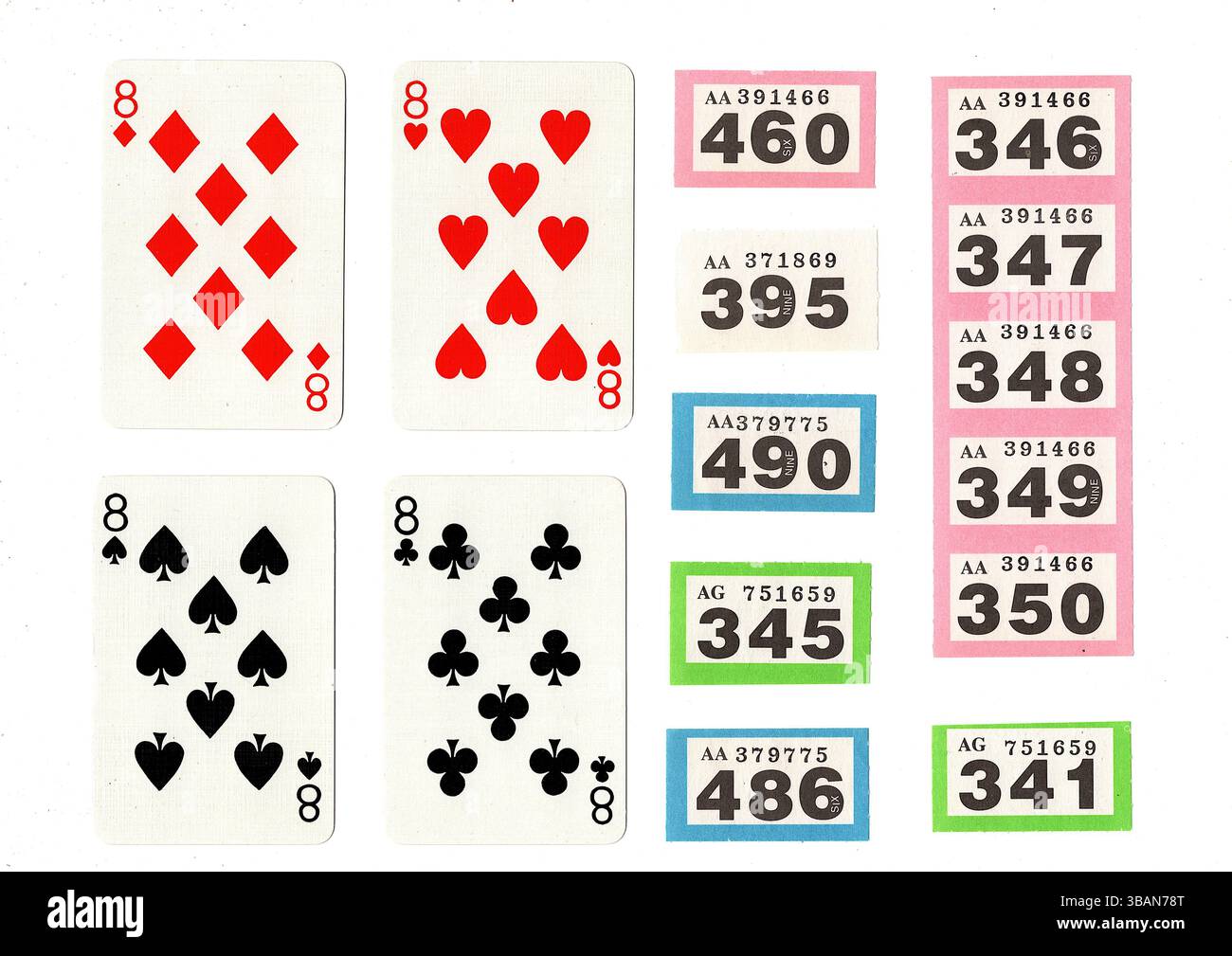 Playing cards showing four of the same value and raffle tickets ...