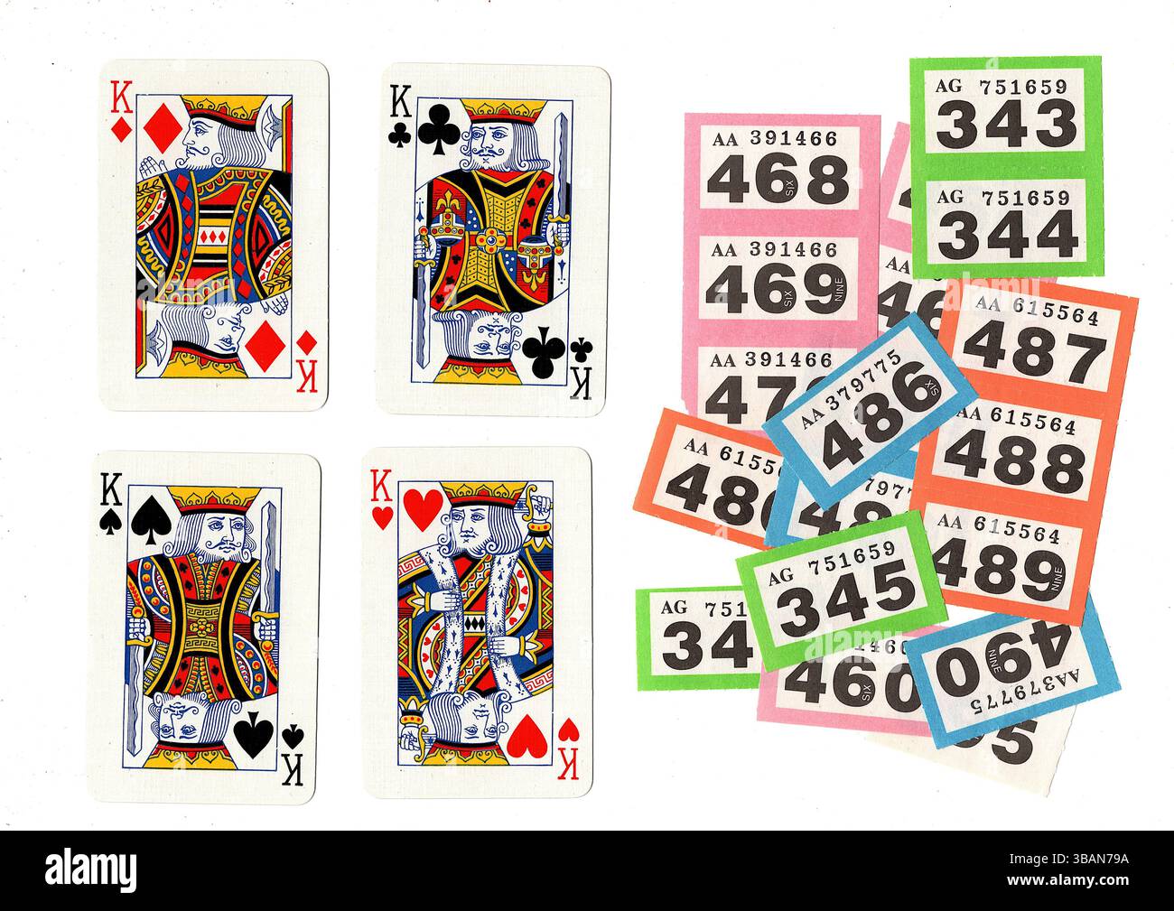 Playing cards showing four of the same value and raffle tickets ...