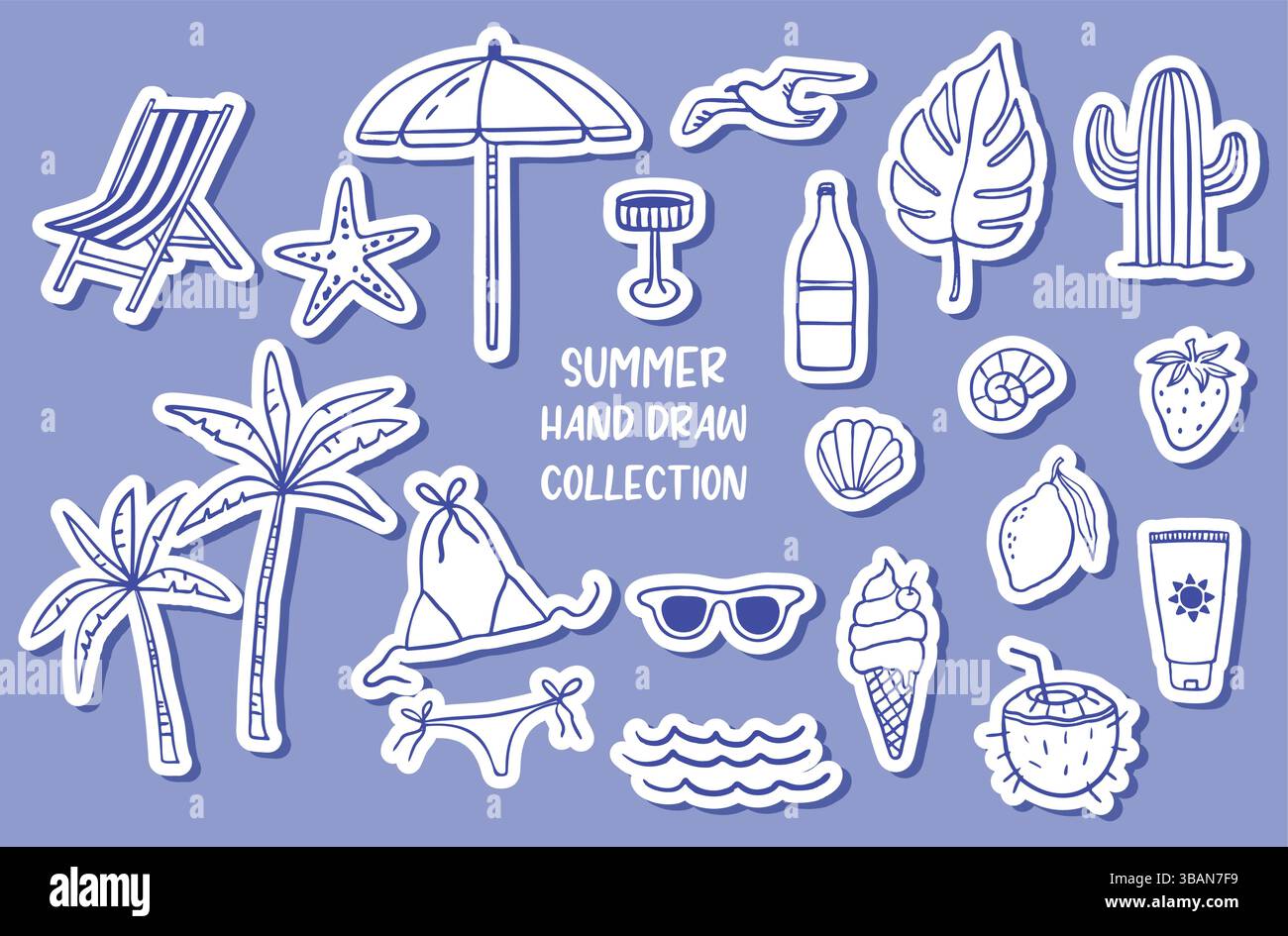 Hand draw summer collection. Palm, ice cream, fruits. Crayon drawing ...