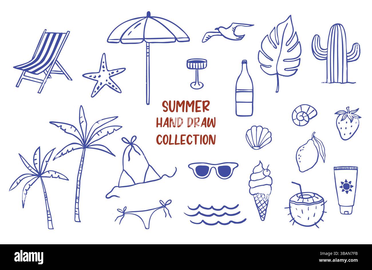 Hand draw summer doodles collection. Palm, ice cream, fruits. Crayon ...
