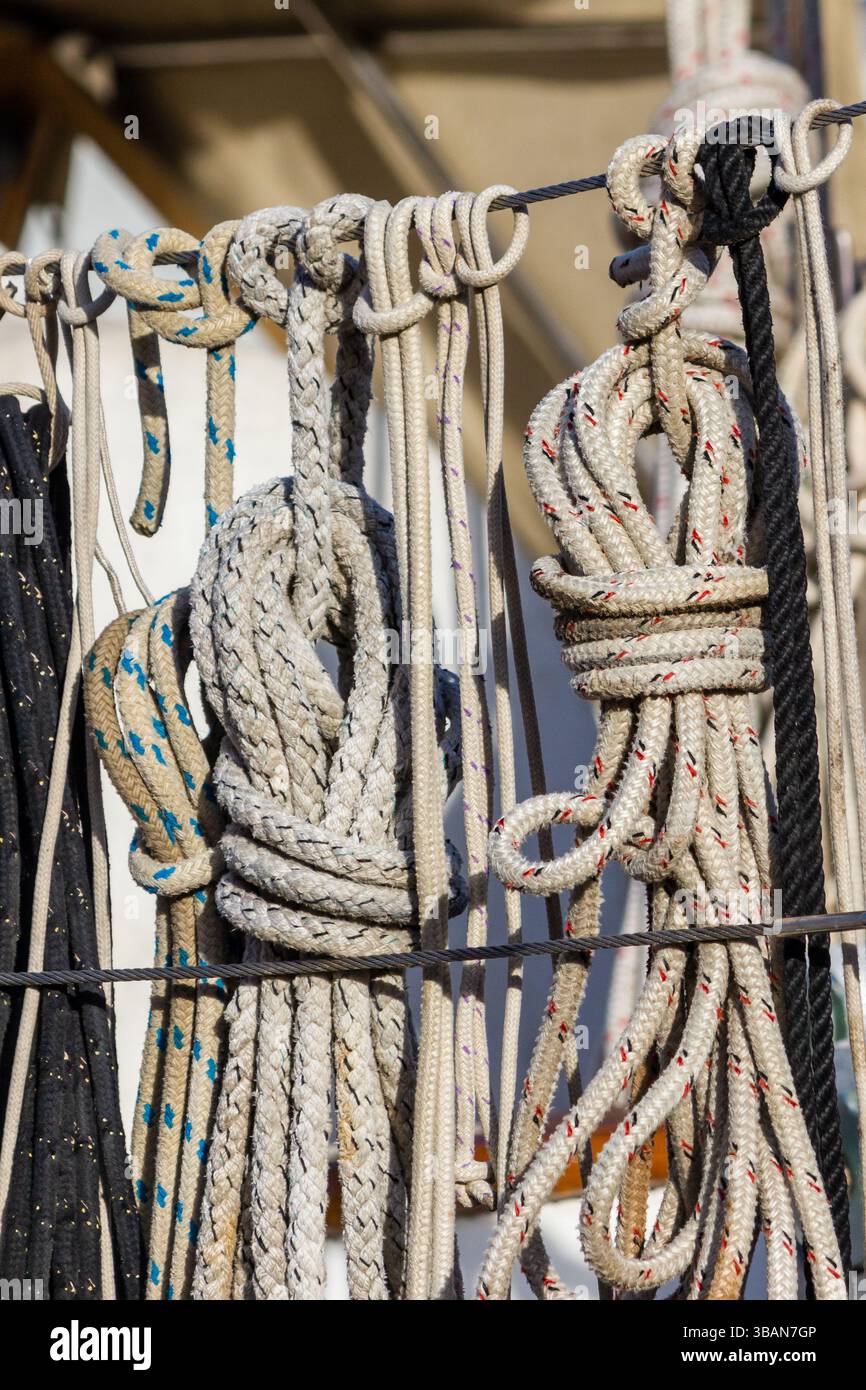Closeup of Nautical Ropes Neatly Coiled on a Ship Deck Stock Photo - Alamy