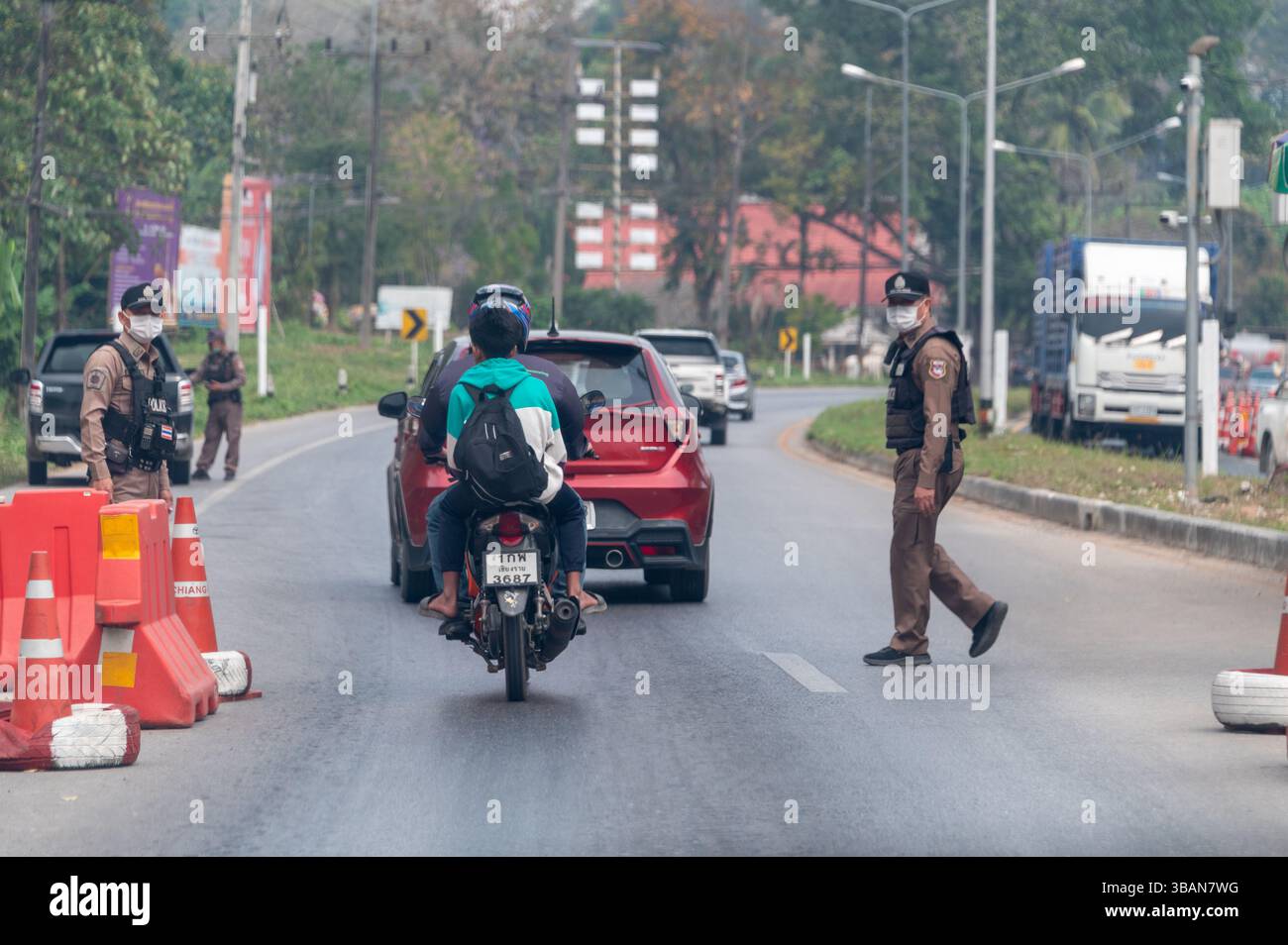 A Thai Police road check point near the northern Thailand, bordering ...