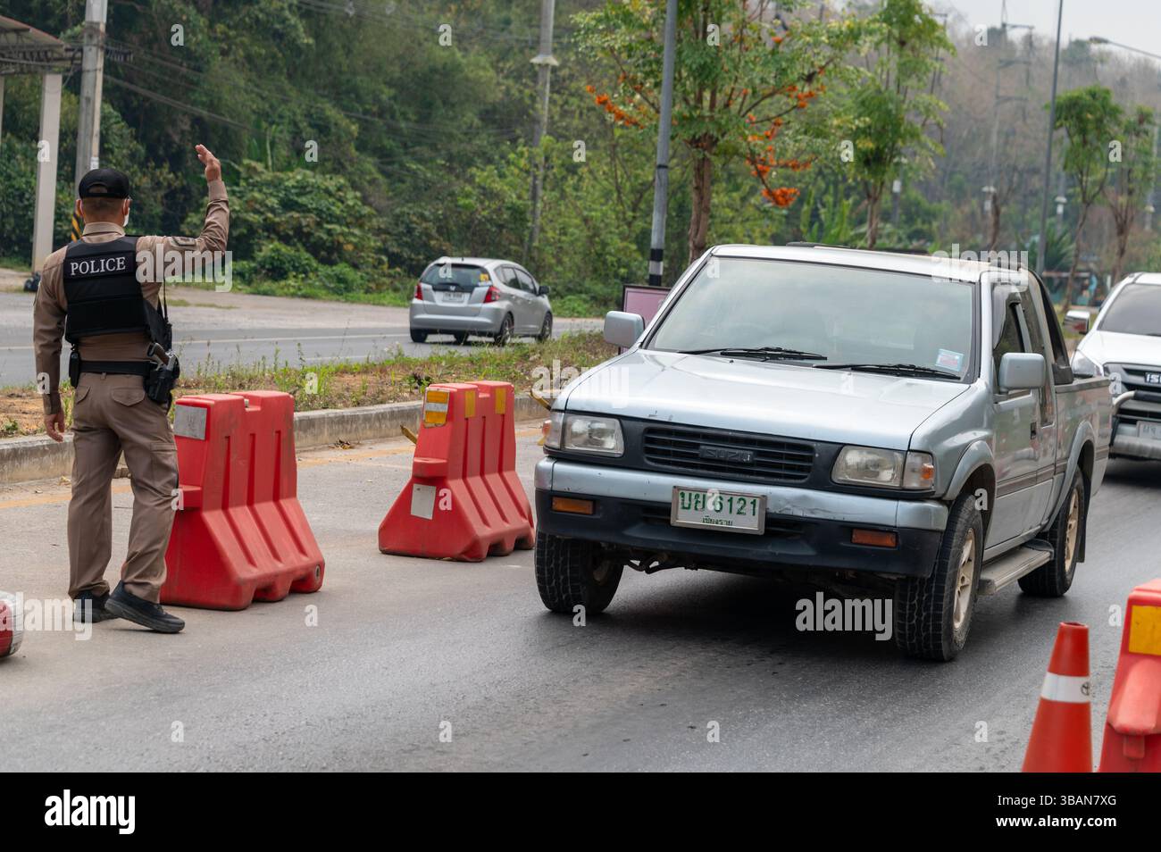 A Thai Police road check point near the northern Thailand, bordering ...