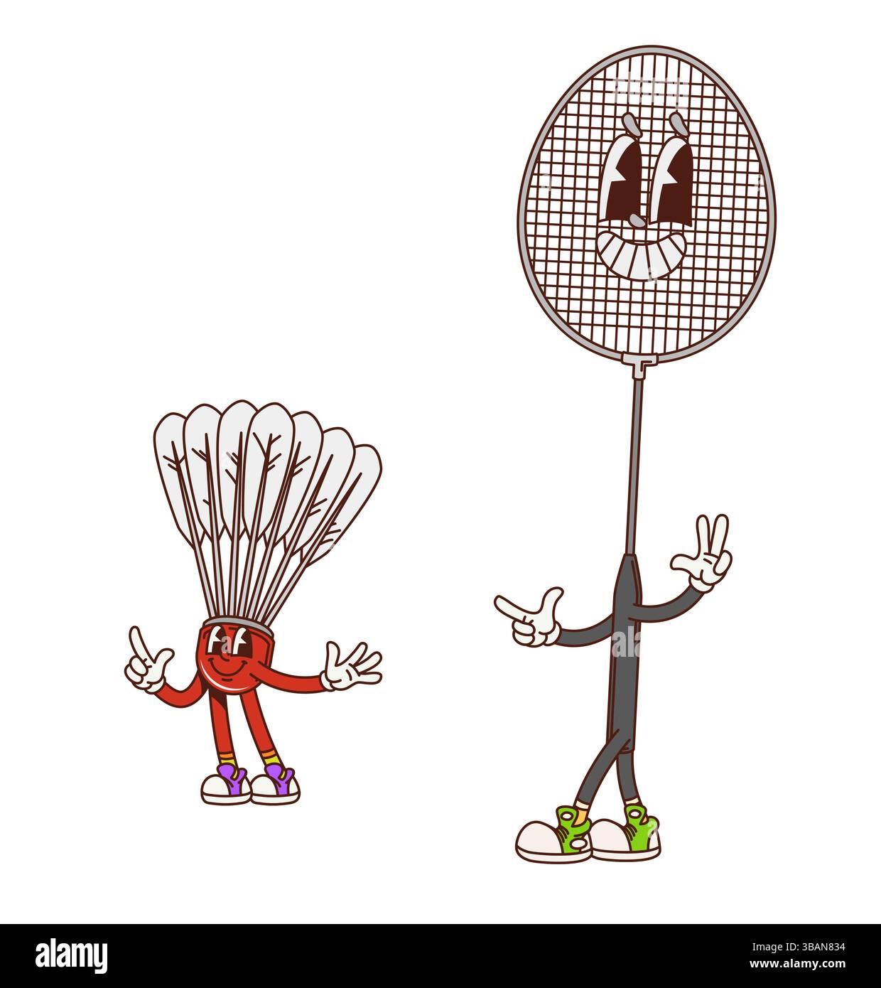 Badminton sport racket and shuttlecock groovy cute characters. Sport ...