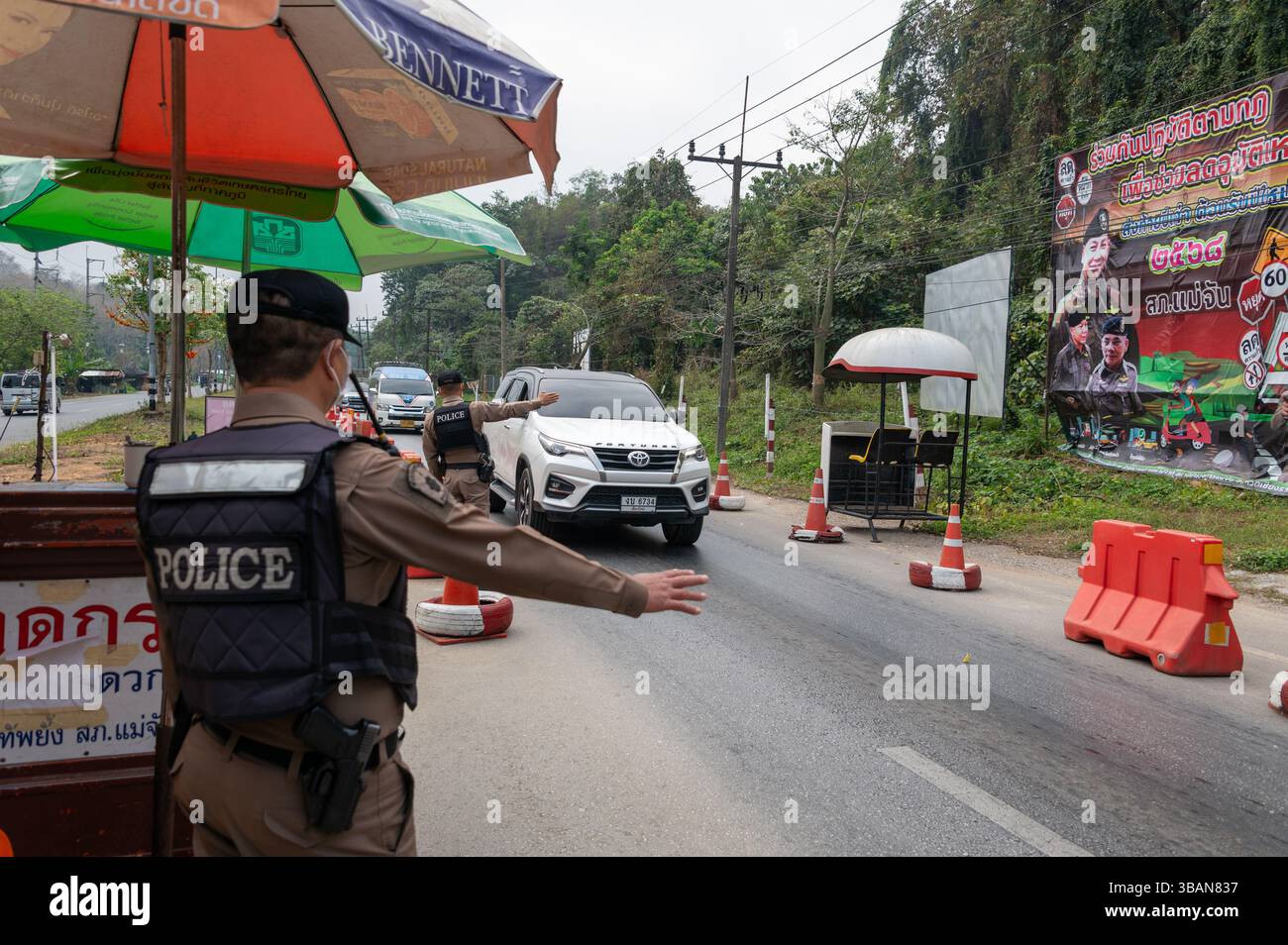 A Thai Police road check point near the northern Thailand, bordering ...