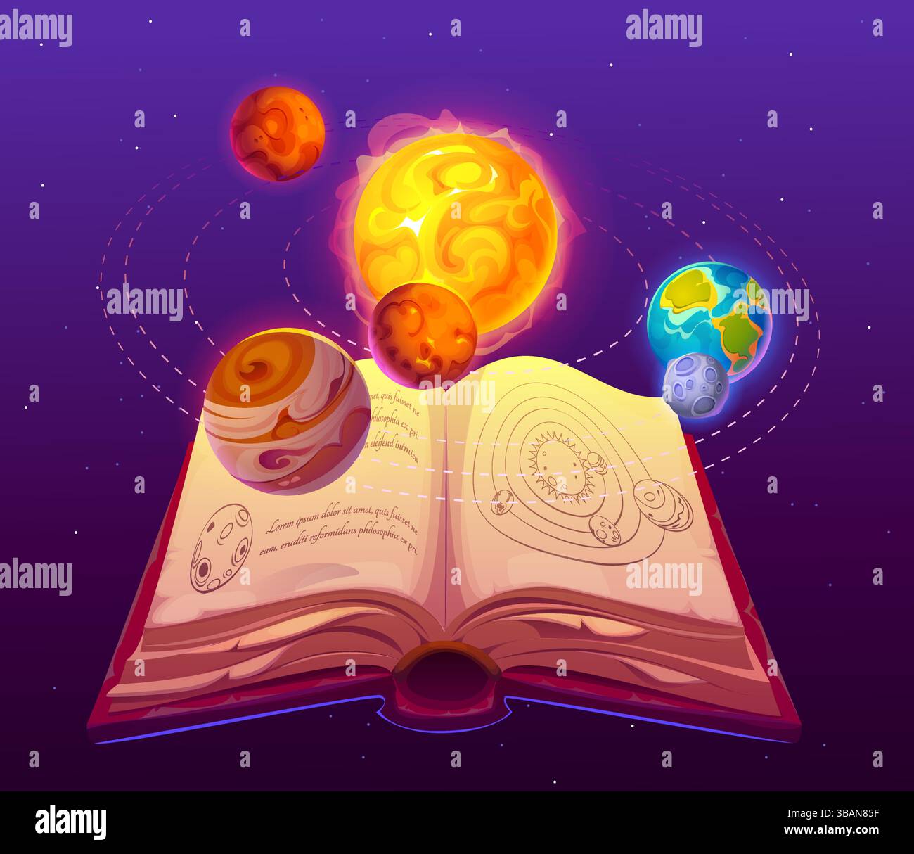 Old magic book with space planets, fantasy astrology. Cartoon vector open antique book, floating ...