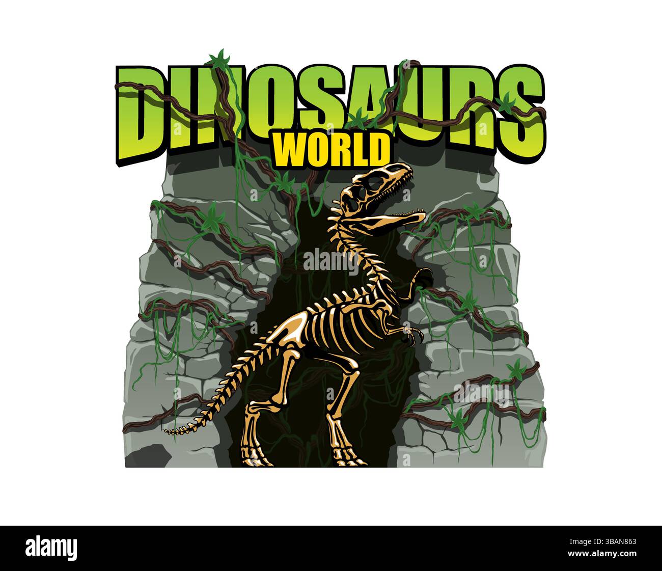 Dinosaurs park entrance stone gate with t rex skeleton emerging from a ...