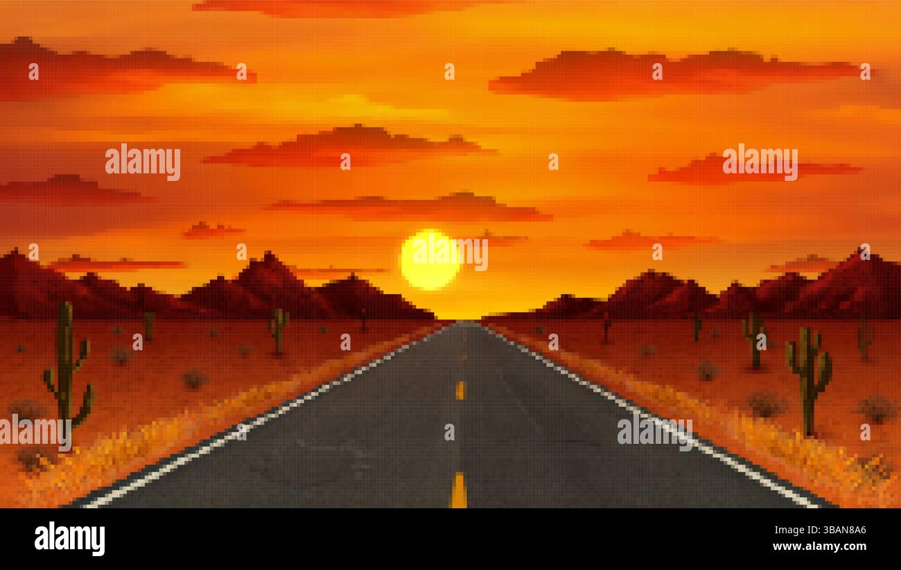 8 bit pixel art desert road game background. Vector long highway ...