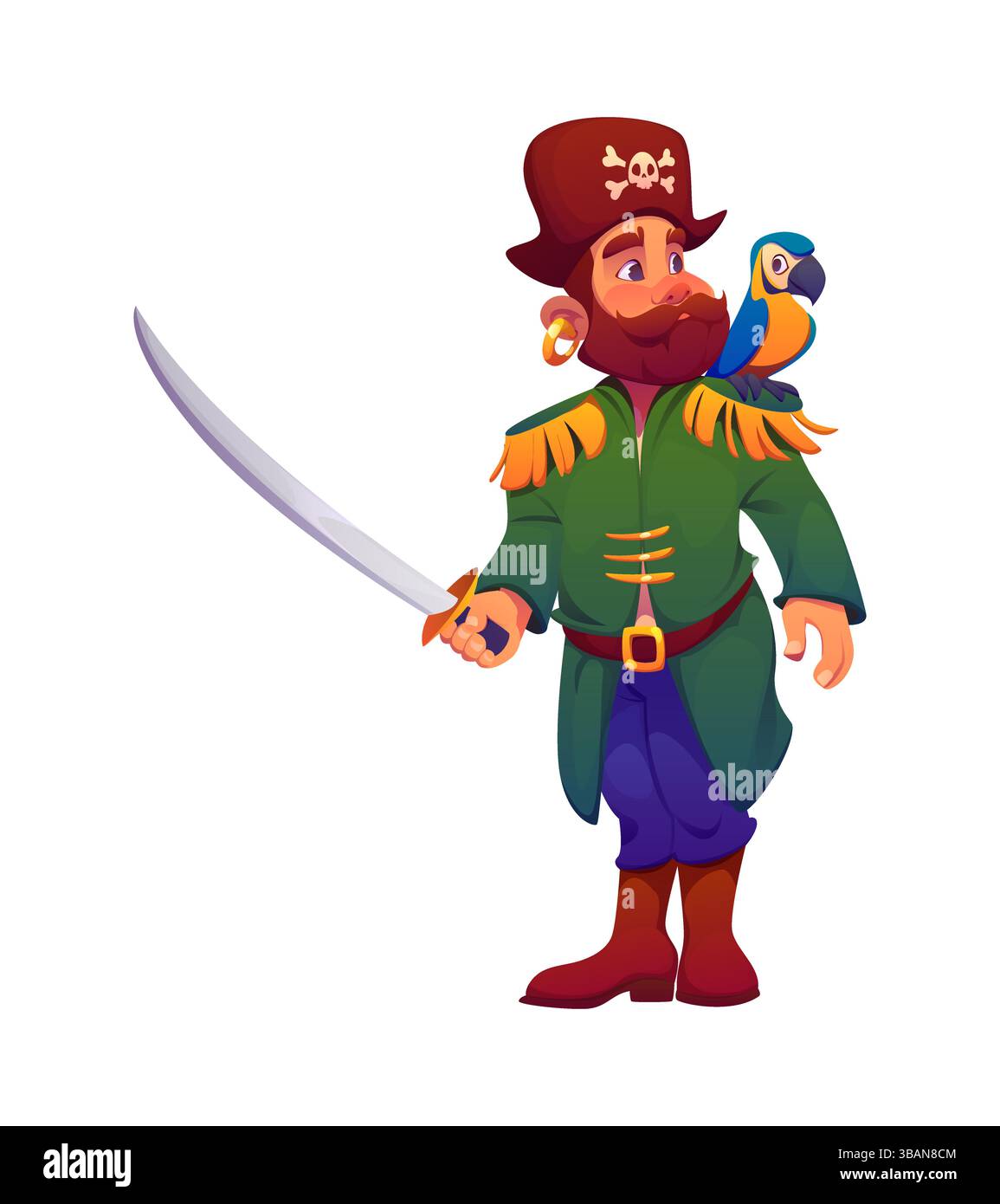 Cartoon pirate corsair character with parrot on shoulder. Vector ...