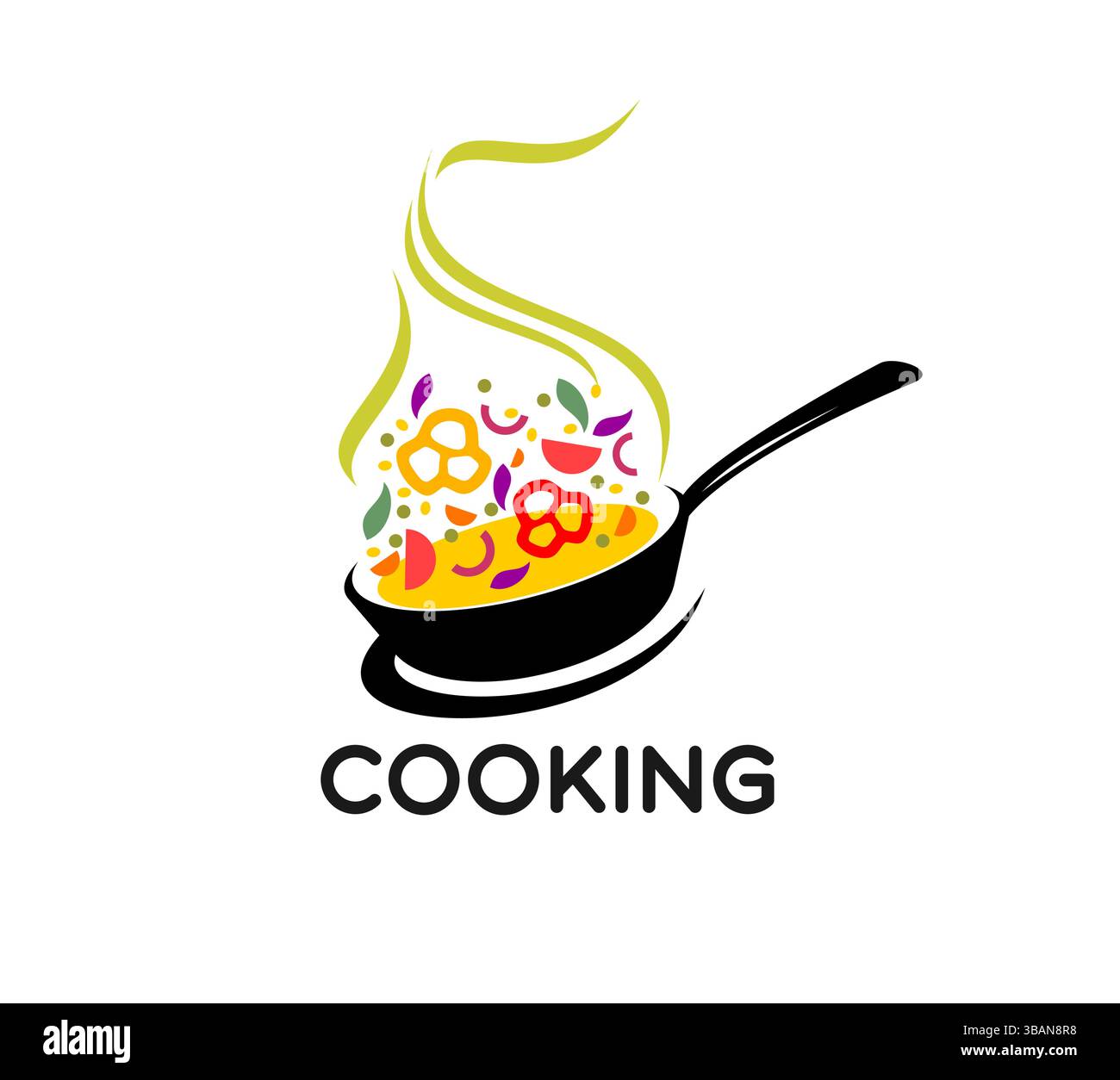 Cook pan icon, fry wok. Vector emblem featuring a black frying pan ...