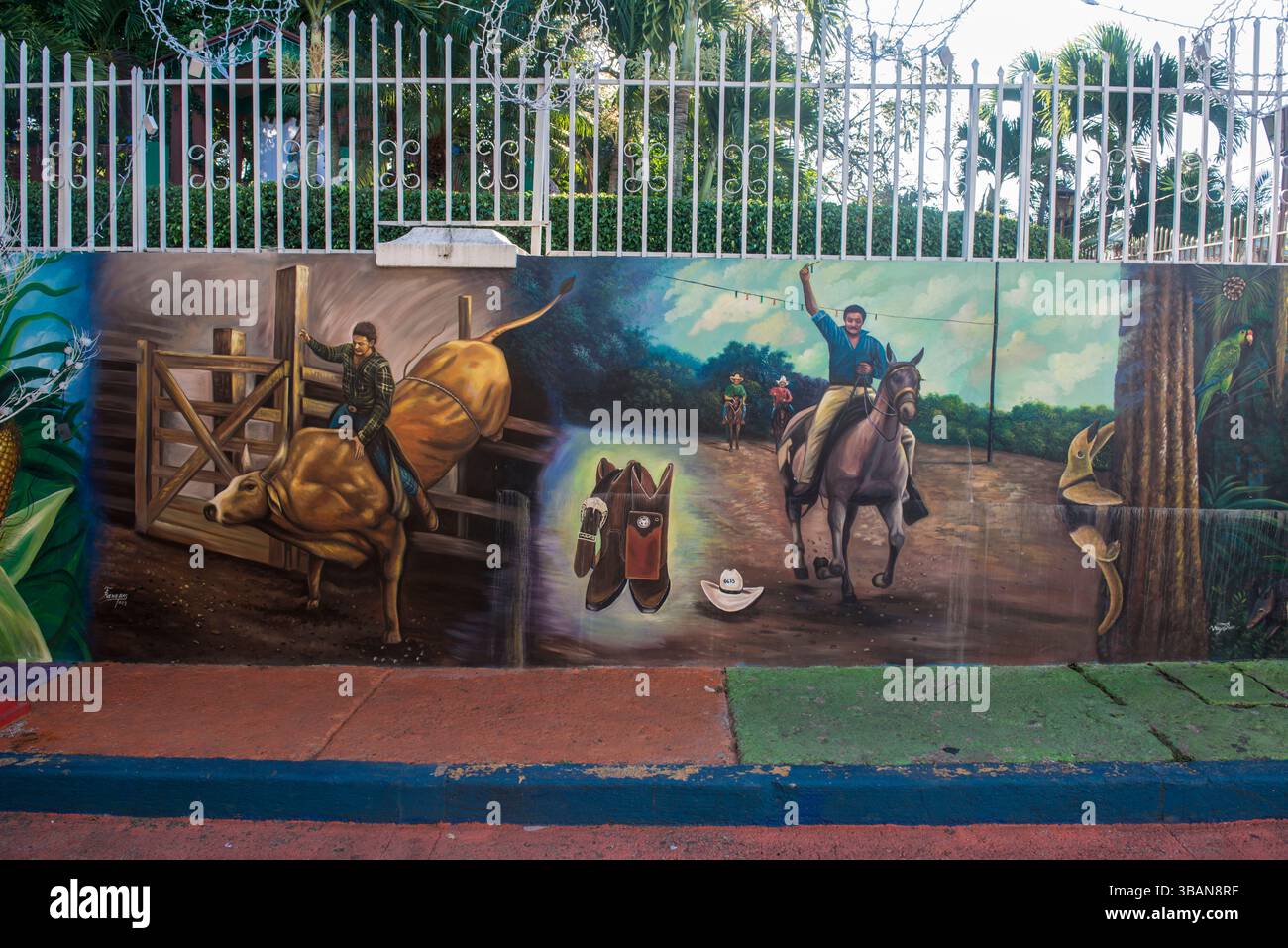 Mural depicting bull rodeo and "running at the ring" in San Marcos de ...