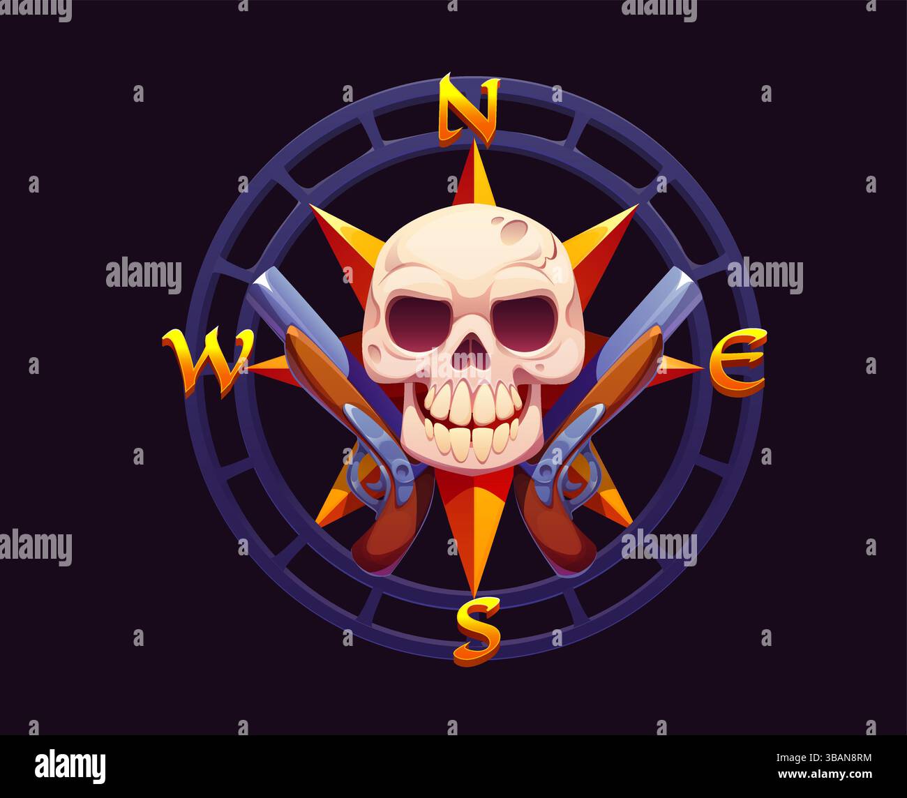Heraldic compass with pirate skull and guns. Cartoon vector mysterious ...