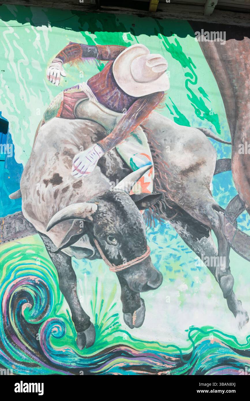 Mural depicting a bull rodeo.San Marcos de Colon, Chaluteca Department ...