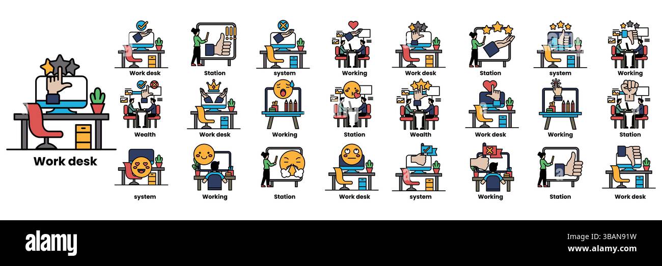 A series of cartoon images of people working at a desk. The images are ...