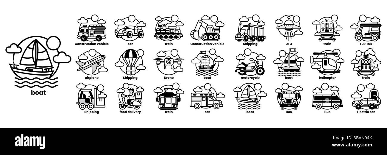A collection of vehicles including cars, boats, and airplanes. The ...