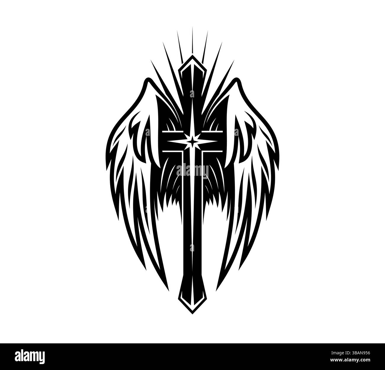 Christianity cross tattoo with angel wings and radiant star in the ...