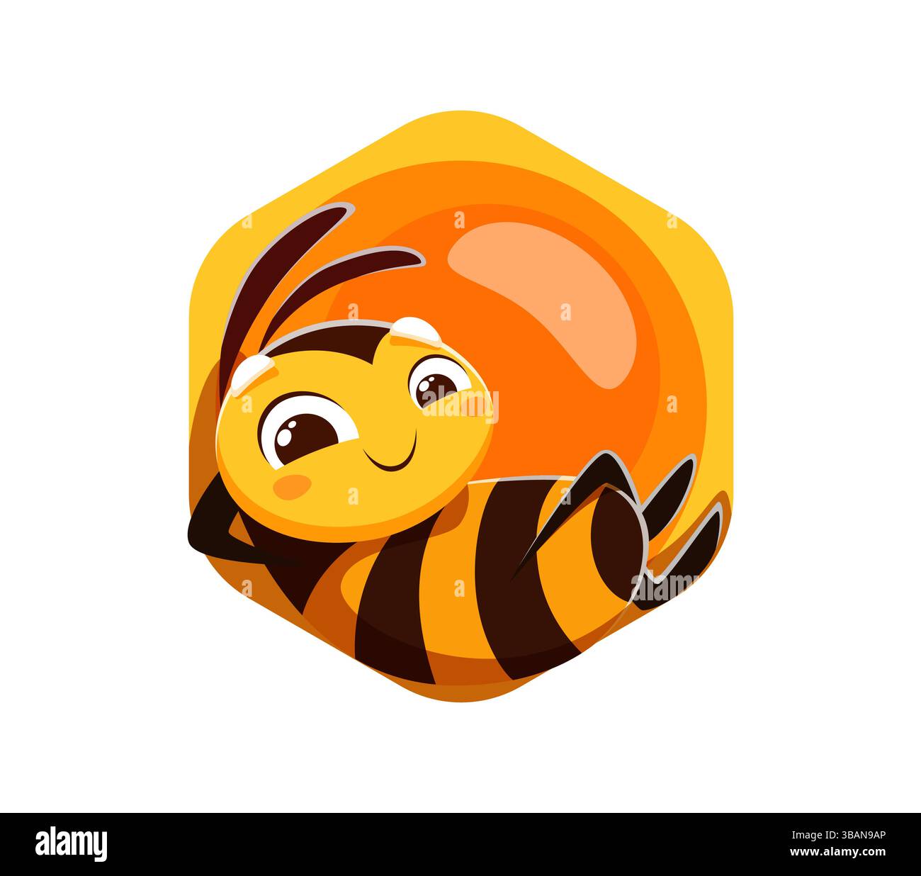 Honey bee character relaxing inside a shiny honey drop with a hexagonal ...