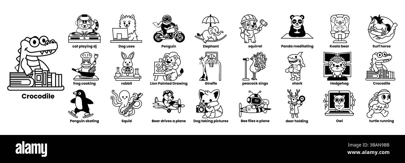 A collection of cartoon animals with a crocodile in the middle. The ...