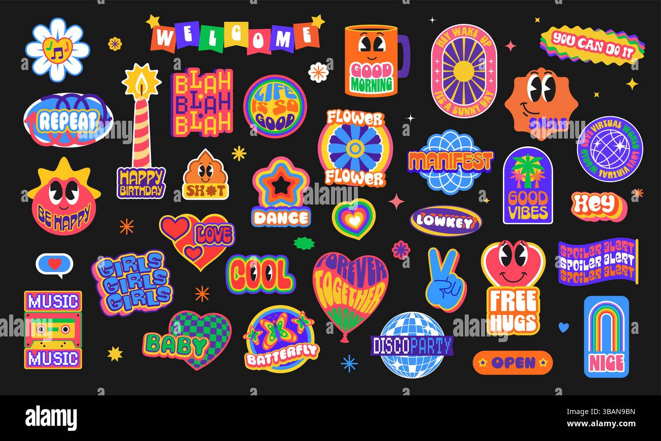 Retro y2k icons and stickers groovy patch labels. Cartoon vector set ...