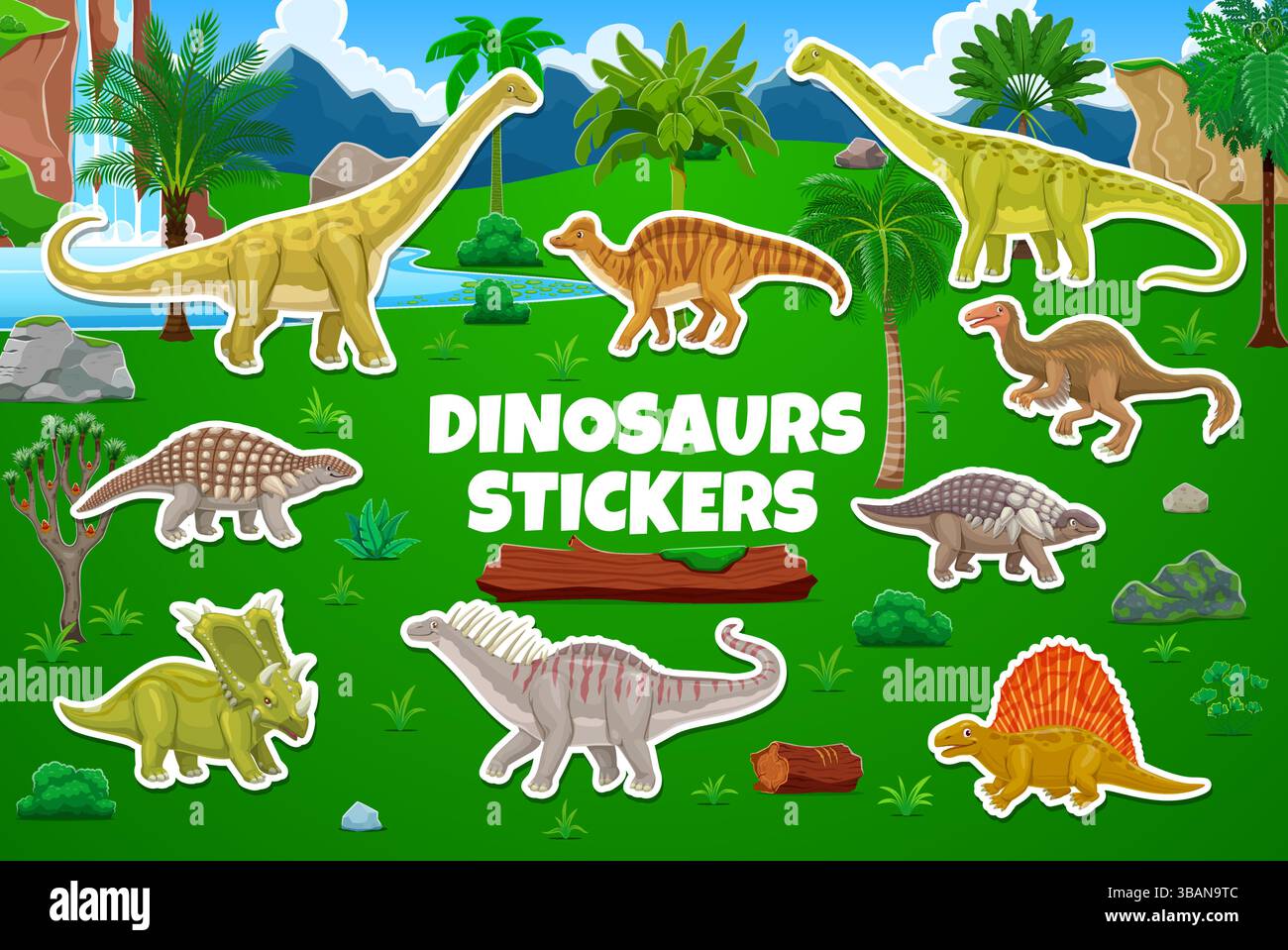 Cartoon prehistoric dinosaur animals characters stickers pack at jungle ...