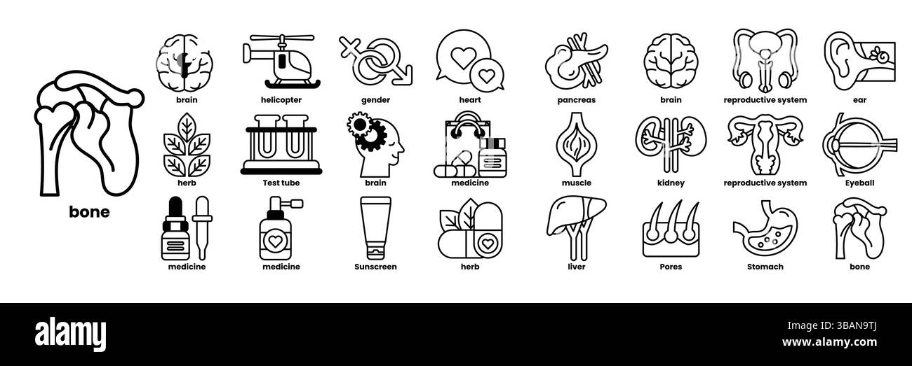 The image is a collection of medical symbols and icons. The symbols ...