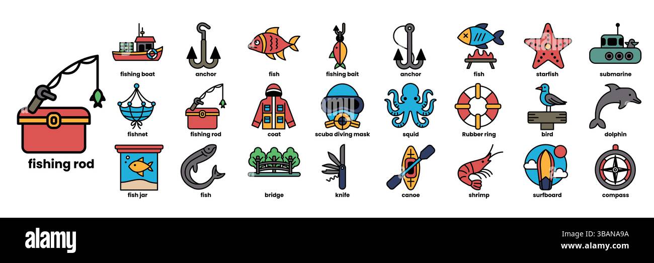 A collection of fishing and boating icons. The icons include a boat ...