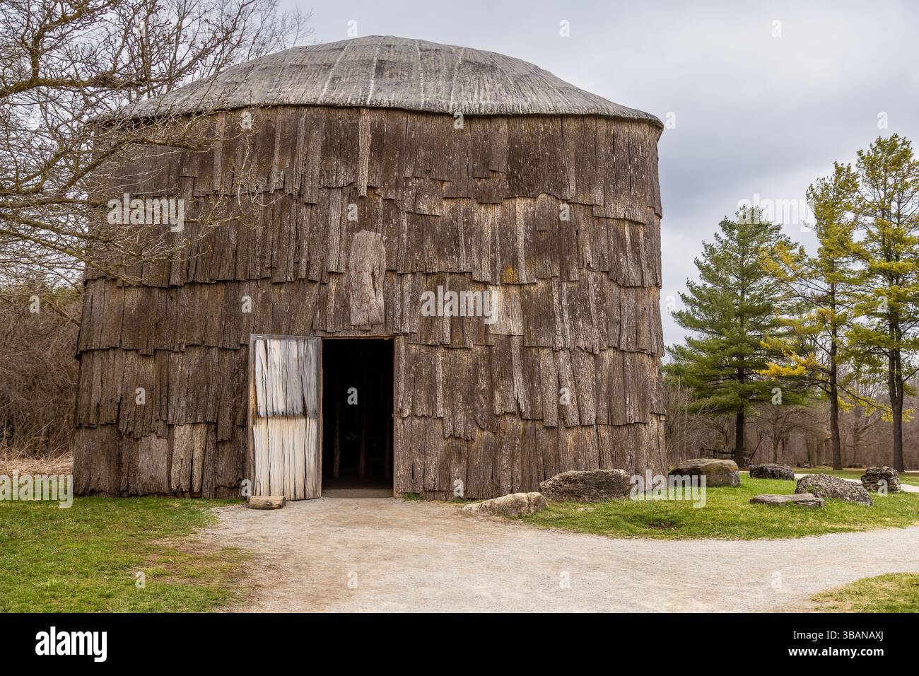 A long house in a reconstructed 15th century Iroquoian village. Milton ...