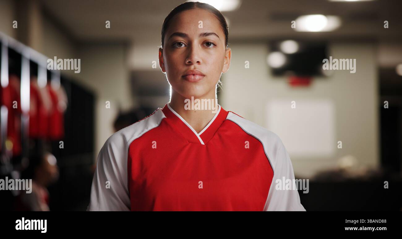Serious, woman or soccer player in portrait for sports, match ...