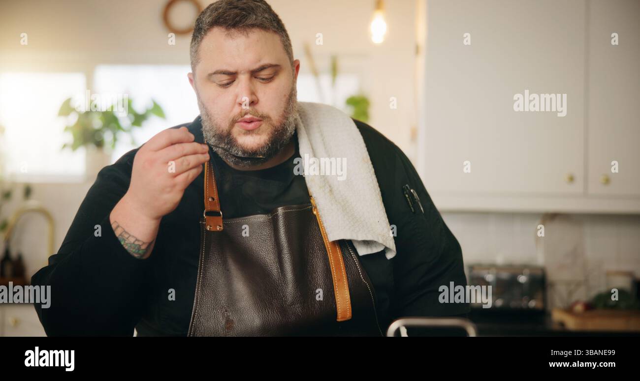 Home, blow food and man in kitchen, chef and ingredients with apron ...