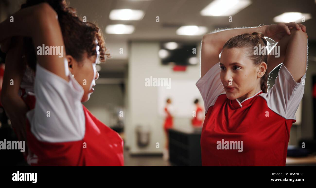 Team, soccer and women in locker room for stretching, preparation for ...