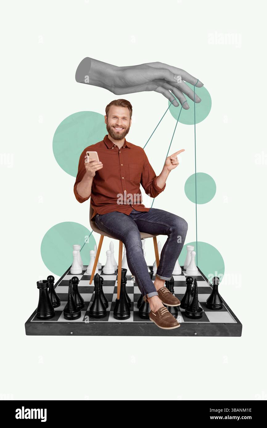 Vertical image art collage of happy girl guy stand chess board game ...