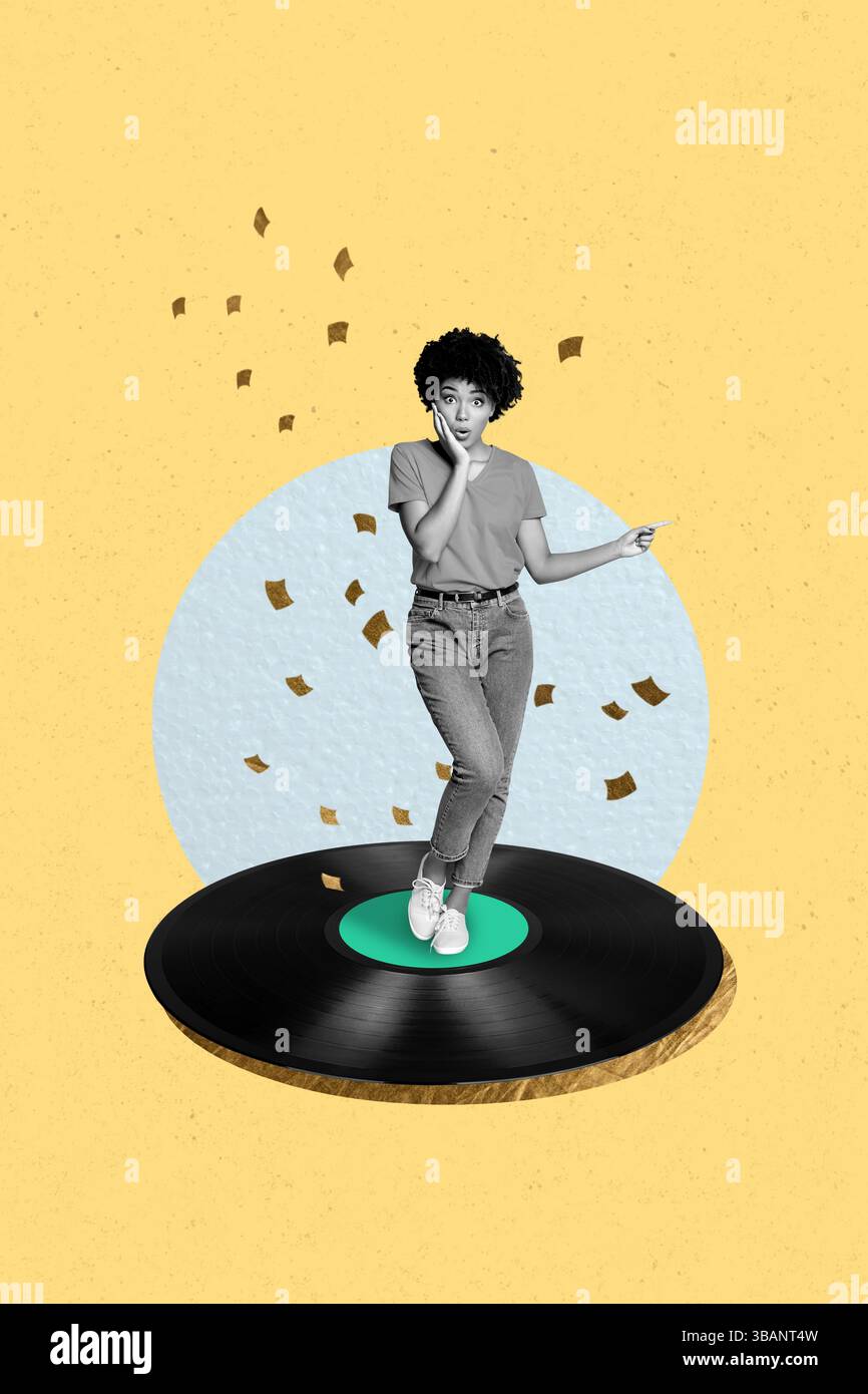 Trend template collage of person stand vinyl disc on yellow color ...