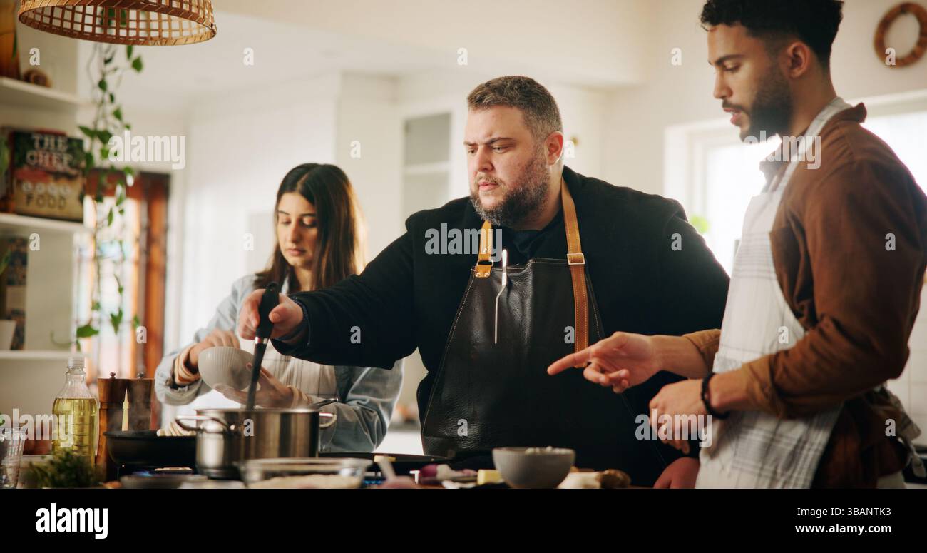 Cooking, chef and couple with lesson in kitchen for meal preparation ...