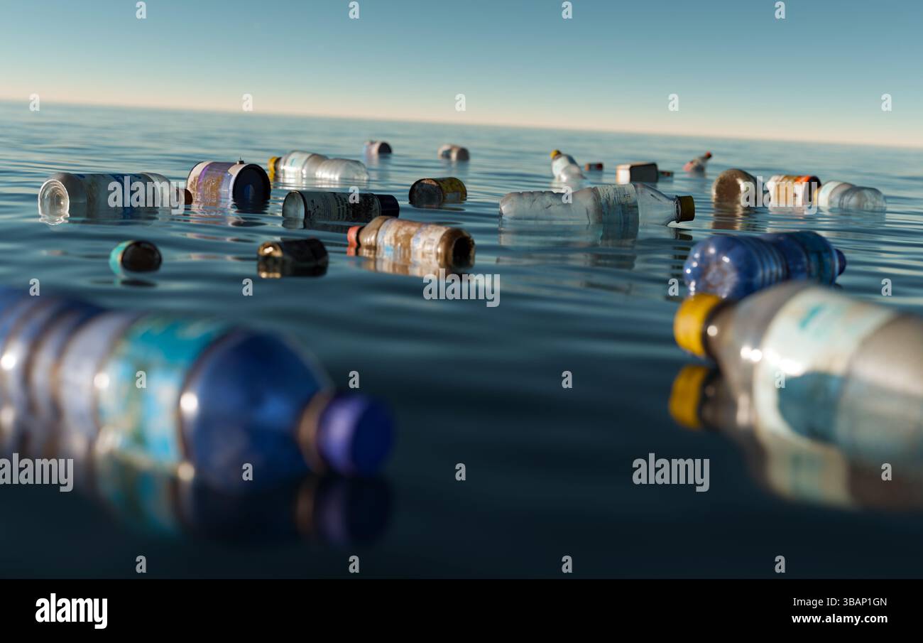 Plastic bottles and trash in the river water. Environmental pollution ...