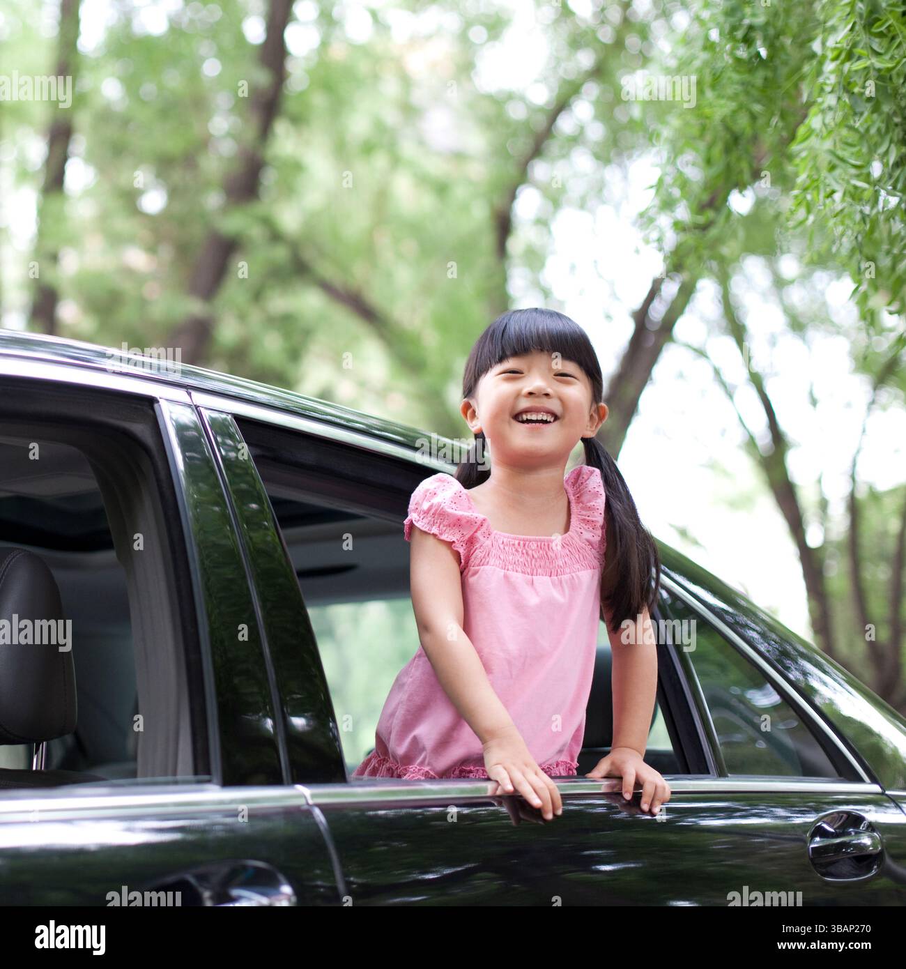 Cheerful Chinese girl leaning out of car window and smiling Stock Photo ...