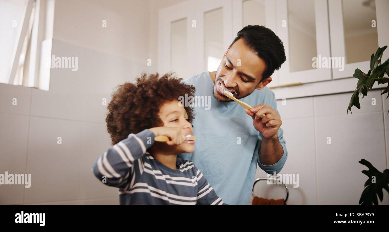 Dental care, brushing teeth and father with child in bathroom for ...