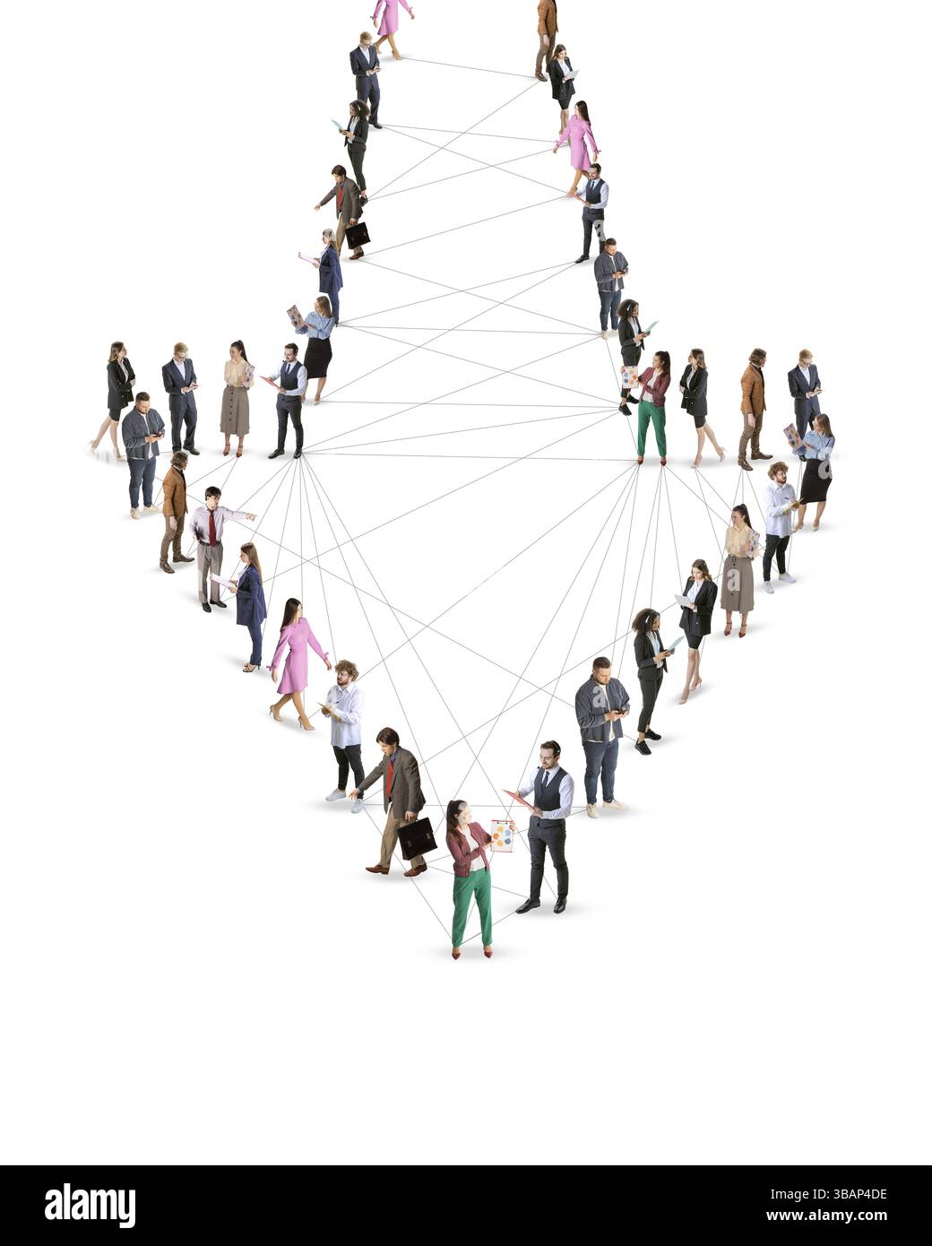 Conceptual artwork. People form arrow shape tied by thin threads ...