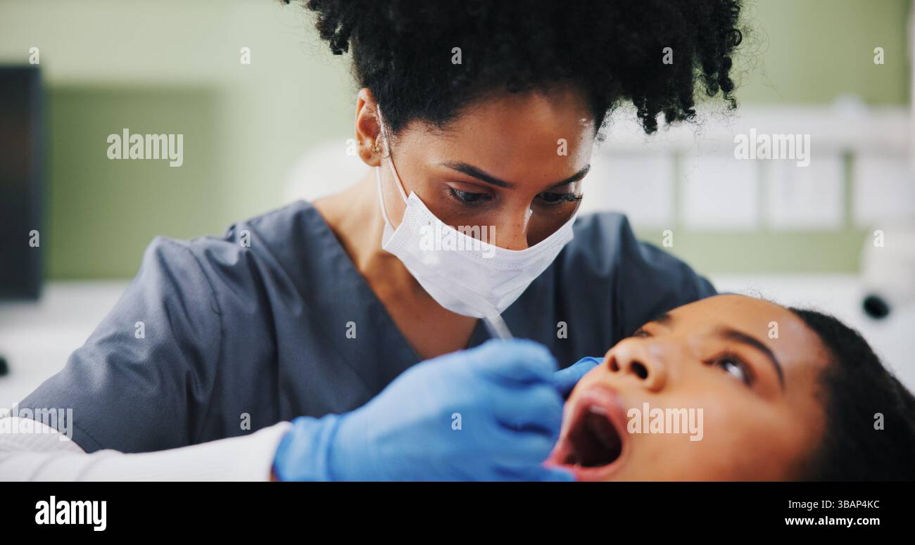 Patient, dentist and tools in consultation for dental care, plaque ...