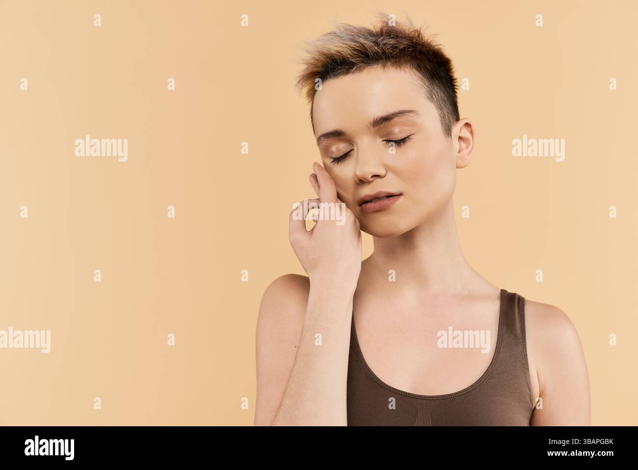 A young woman radiates self acceptance and confidence with her unique ...