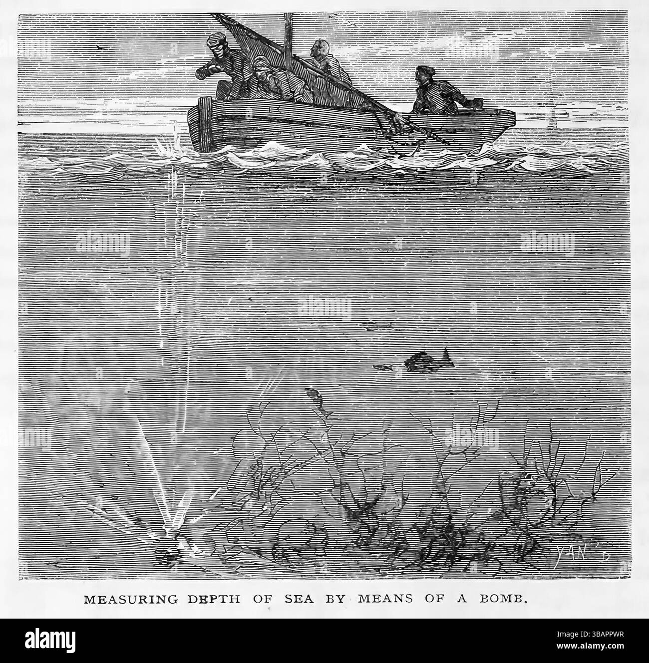 Measuring depth of sea by means of a bomb (1870). Explosive sounding of ...