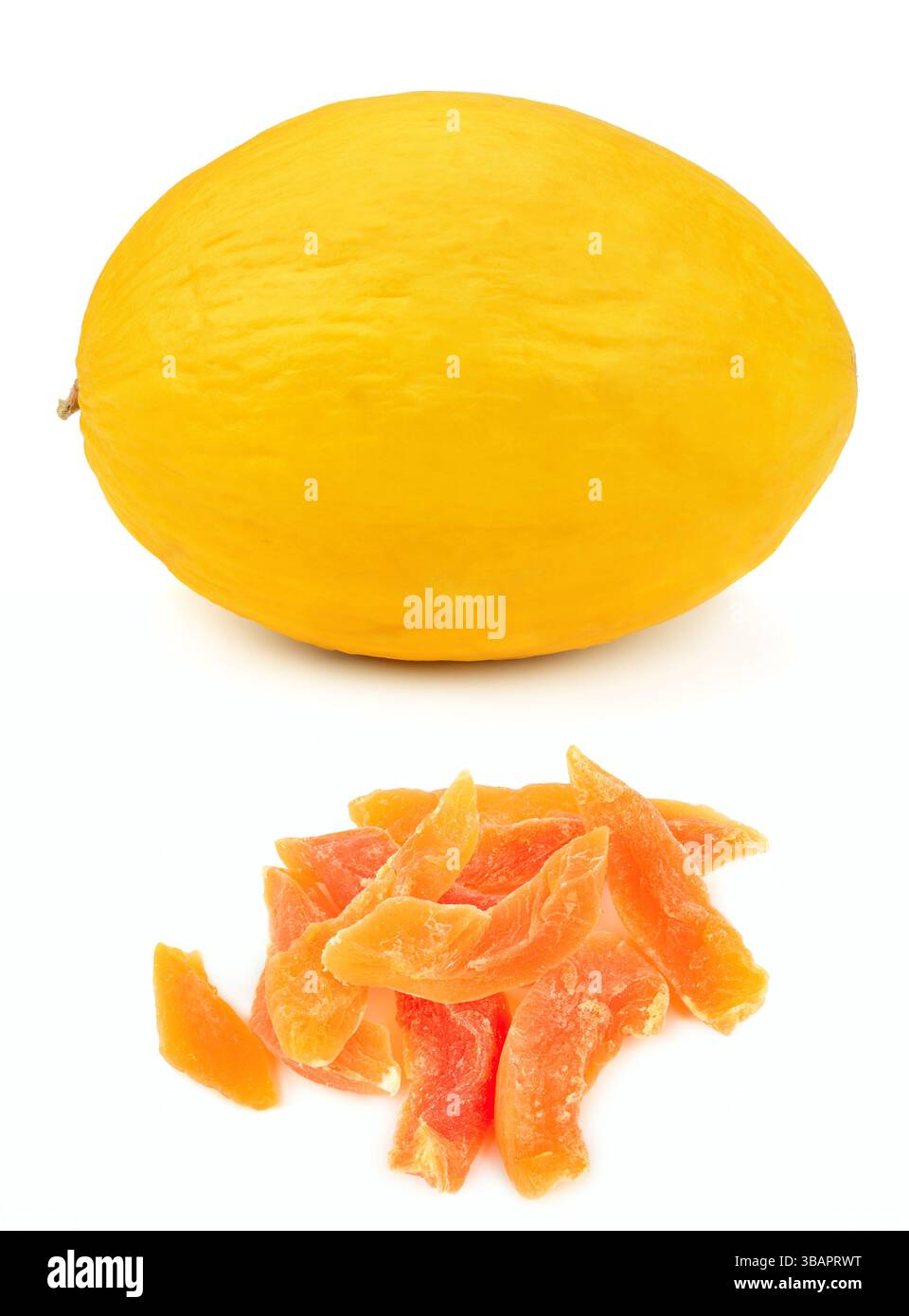 Ripe yellow melon and dried melon slices isolated on white background ...