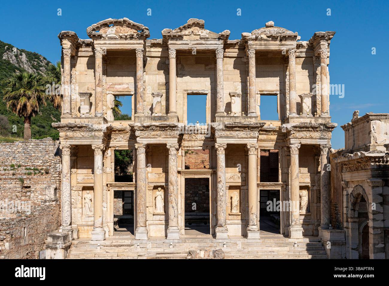 Celsus Library façade in Ephesus, showing its symmetrical Roman columns ...