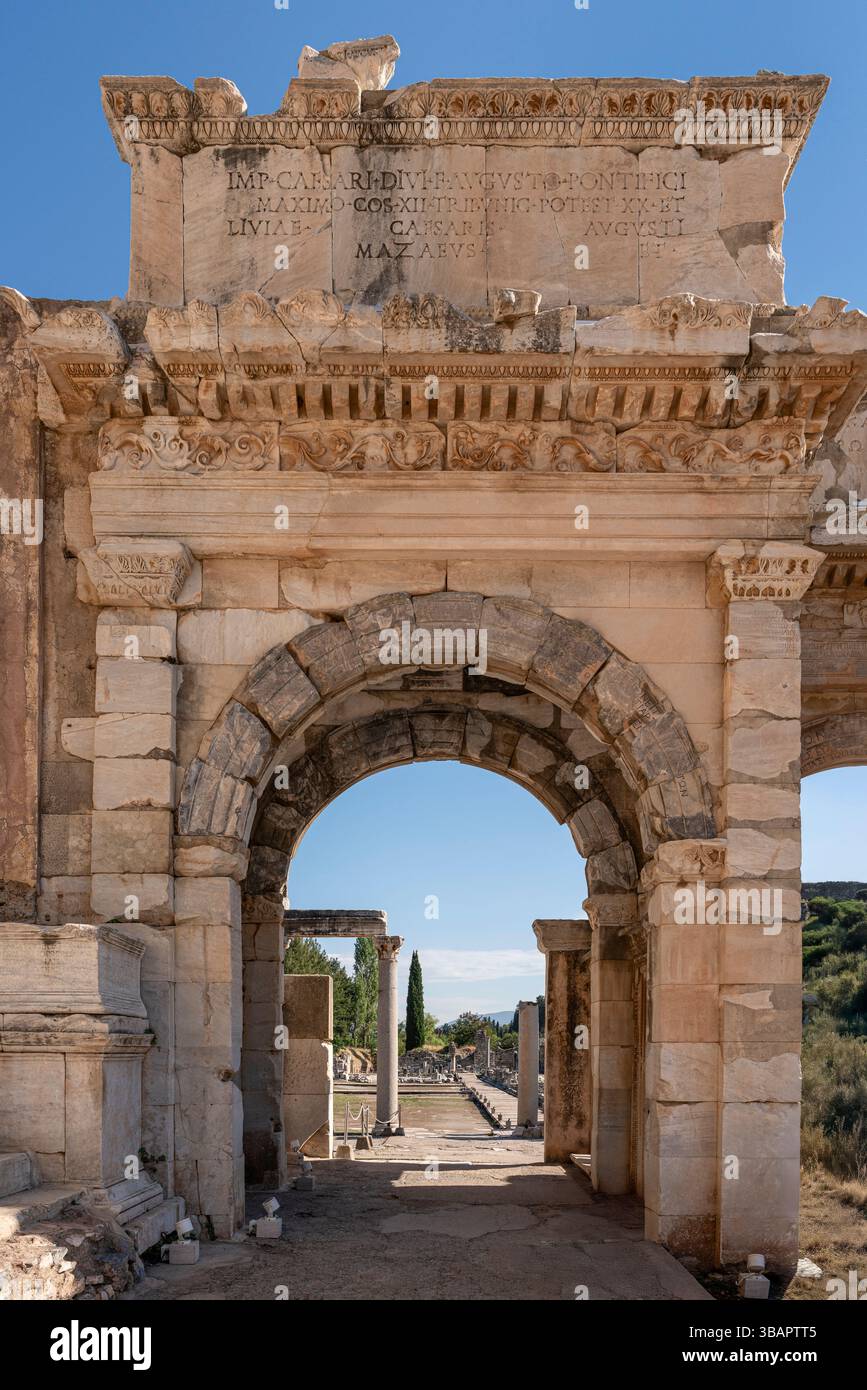 Arch of the Gate of Augustus frames the Curetes Street in Ephesus ...
