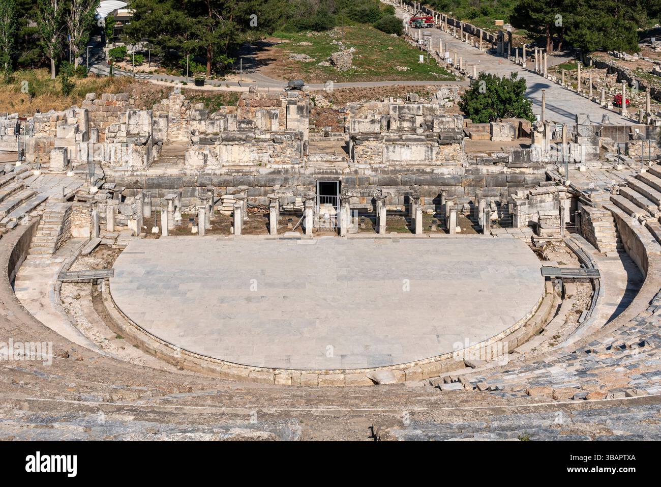 Ephesus theatre seen from above, with semicircular seating carved into ...