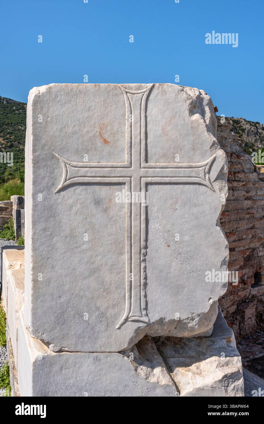 Marble slab carved with a simple cross at the Holy Mary Church in ...