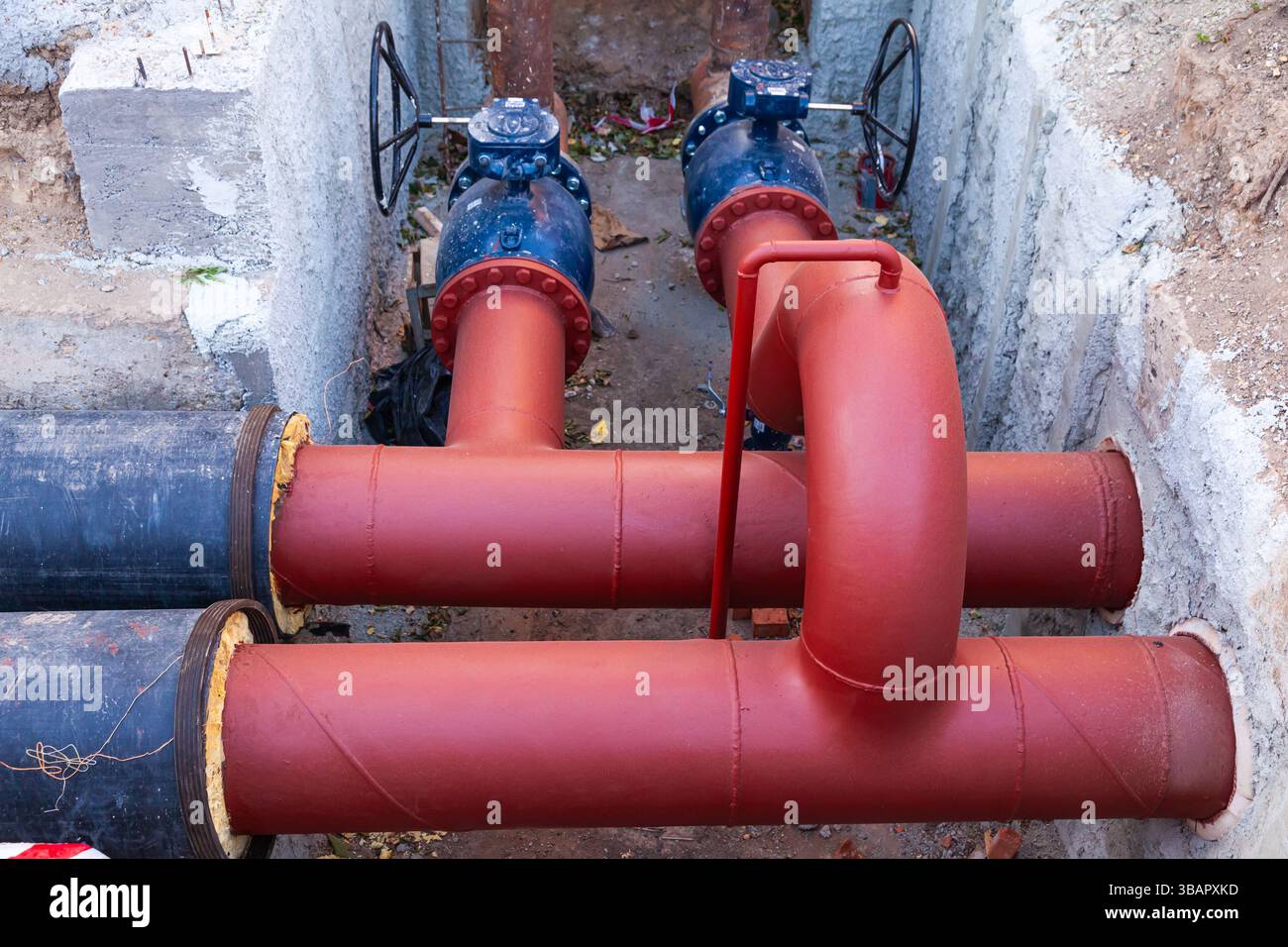 A system of new large diameter water pipes with insulation and valves ...