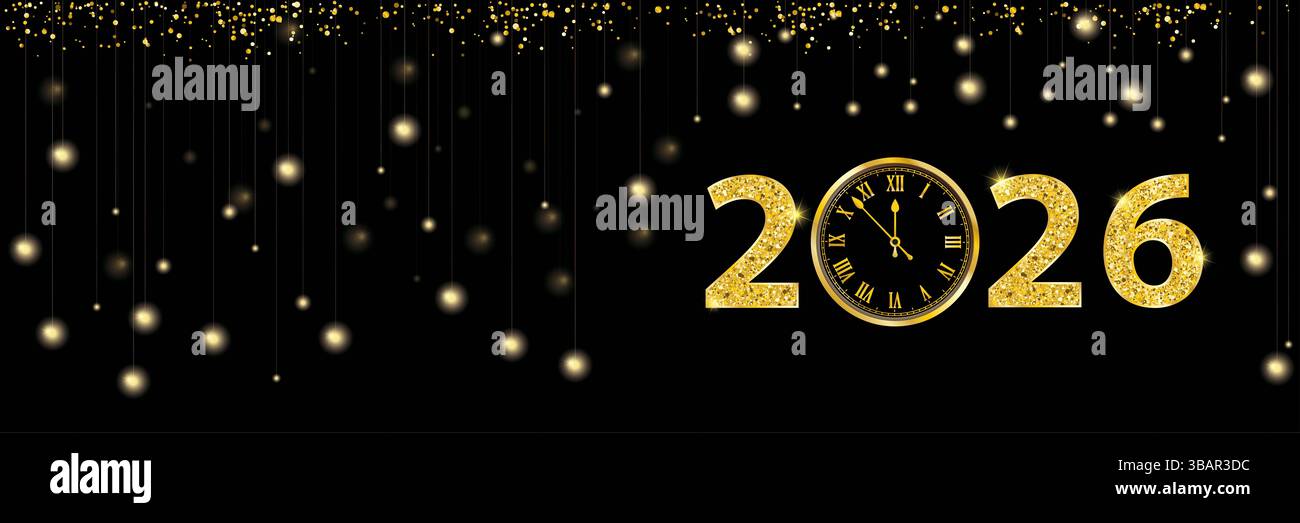 Black Paper Banner Golden Clock 2026 Hanging Lights Black banner with ...