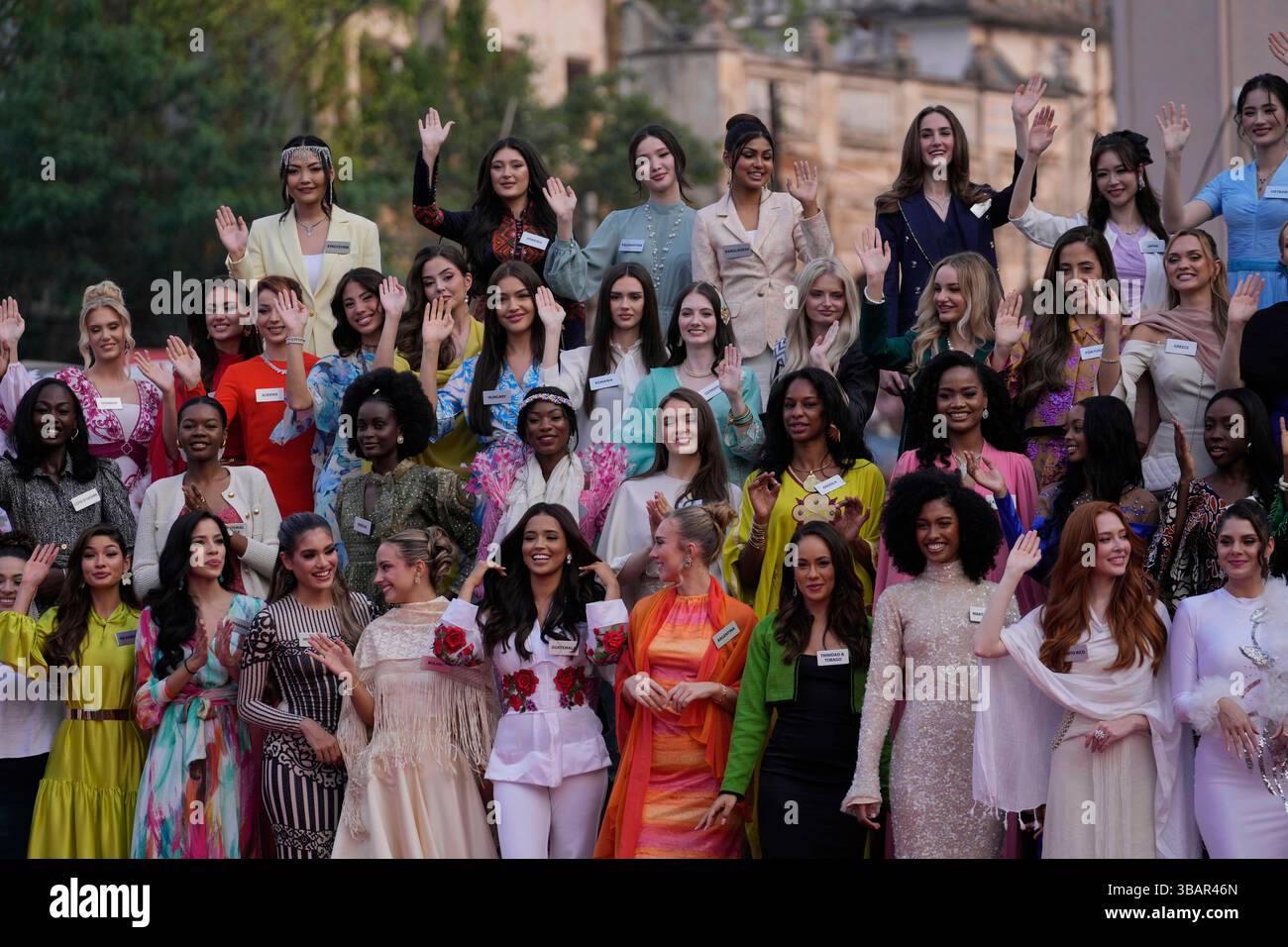 Contestants of Miss World 2025 pose for photographs in front of ...