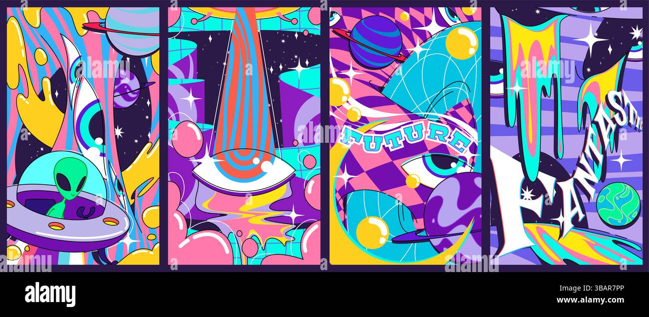 Groovy space poster collection - psychedelic alien UFO scenes, eyes ...