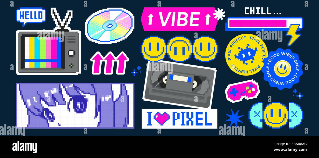 Y2k pixel stickers set isolated on black background. Vector ...
